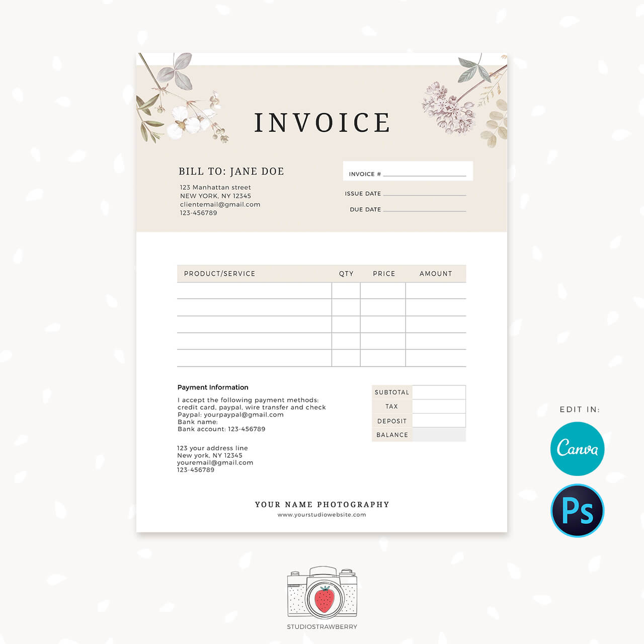 Invoice Template For Canva Photoshop Floral Strawberry Kit