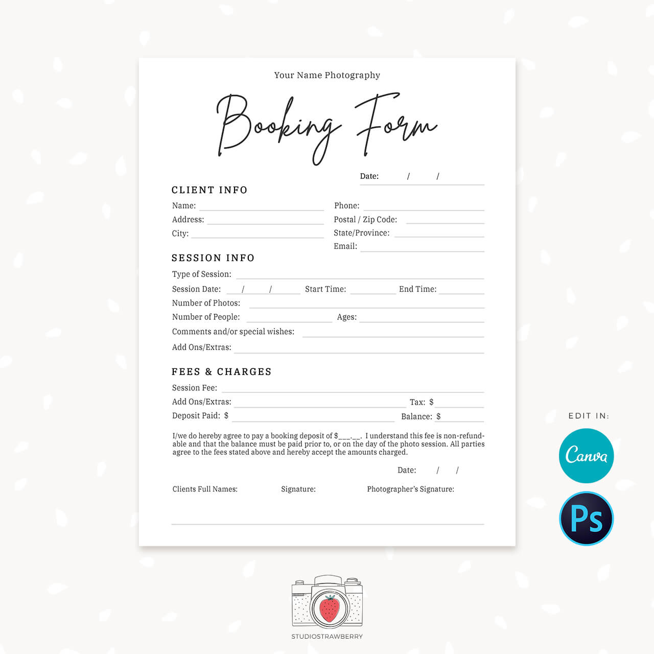 Stationery Booking Form Invoice Editable Photography Template Bundle 