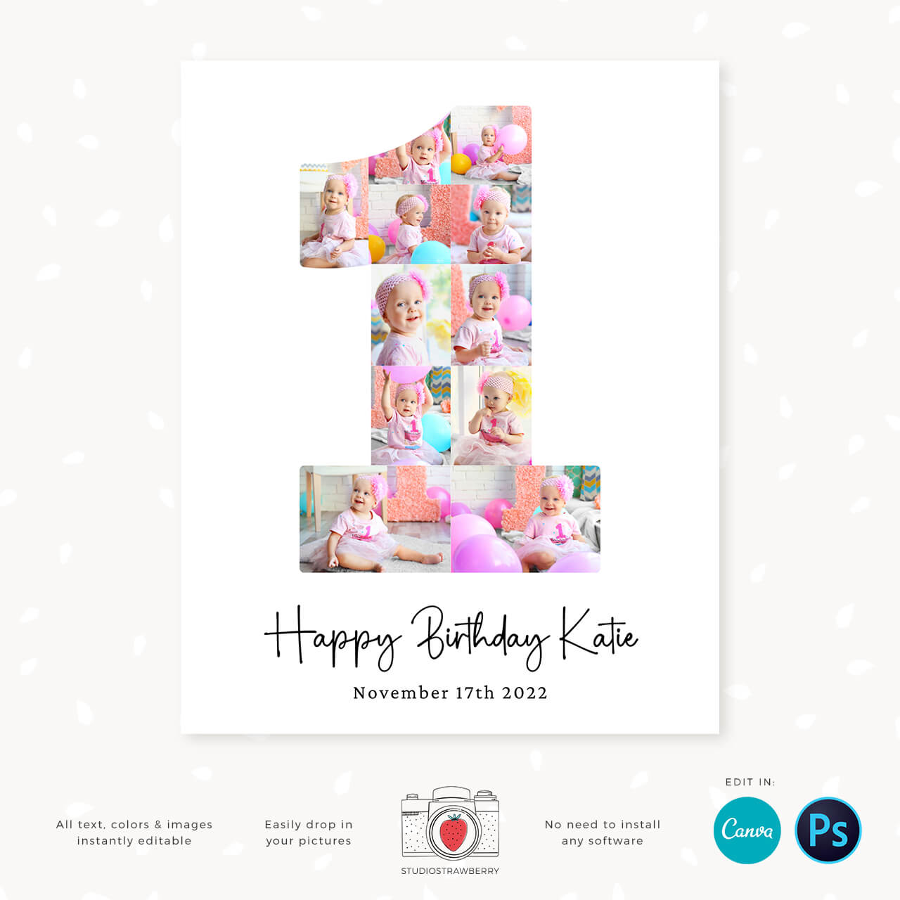 Number One Photo Collage For A First Birthday Party Strawberry Kit