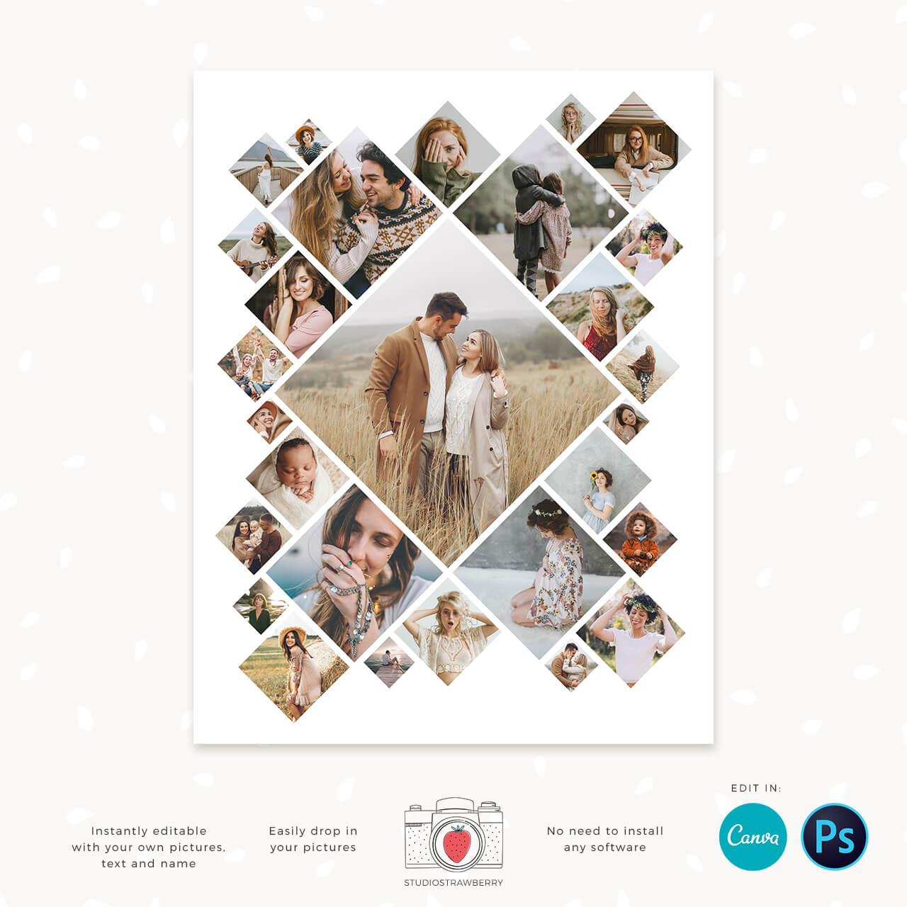 Diamond Shape Photo Collage For Photoshop And Canva Strawberry Kit